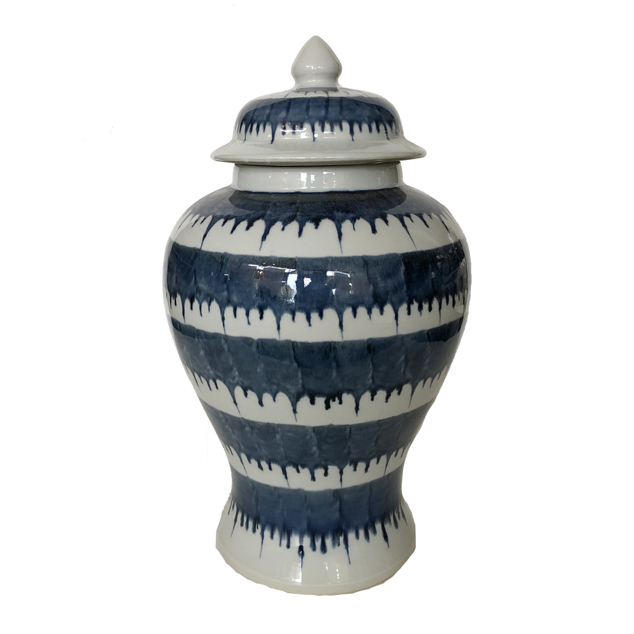Jar - Temple Jar w/Lid - Blue & White Drip - 18H x 10.5W - Maze Home Store