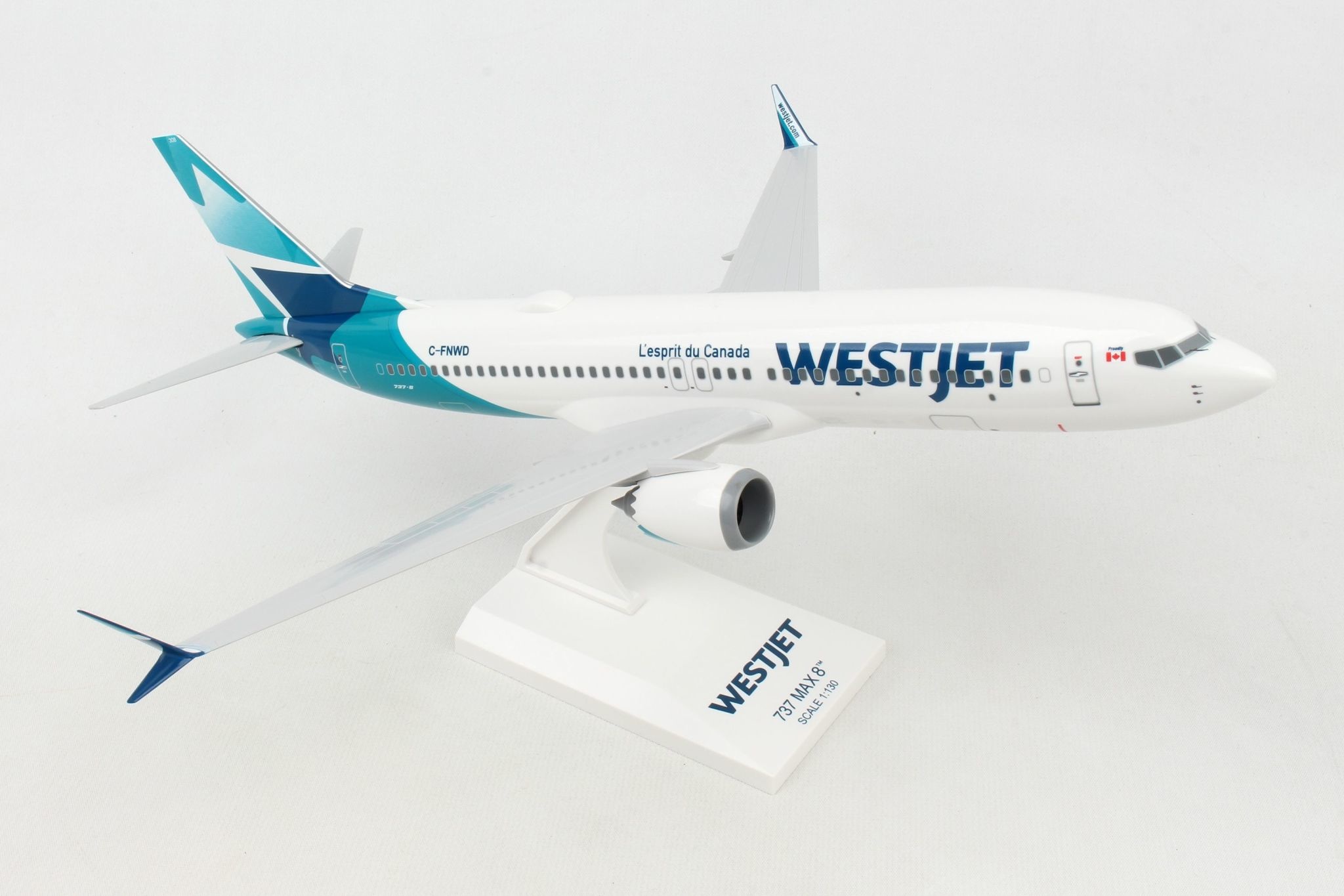 B737 MAX 8 WestJet New Livery 2018 C-FNWD 1:200 with stand - avworld.ca