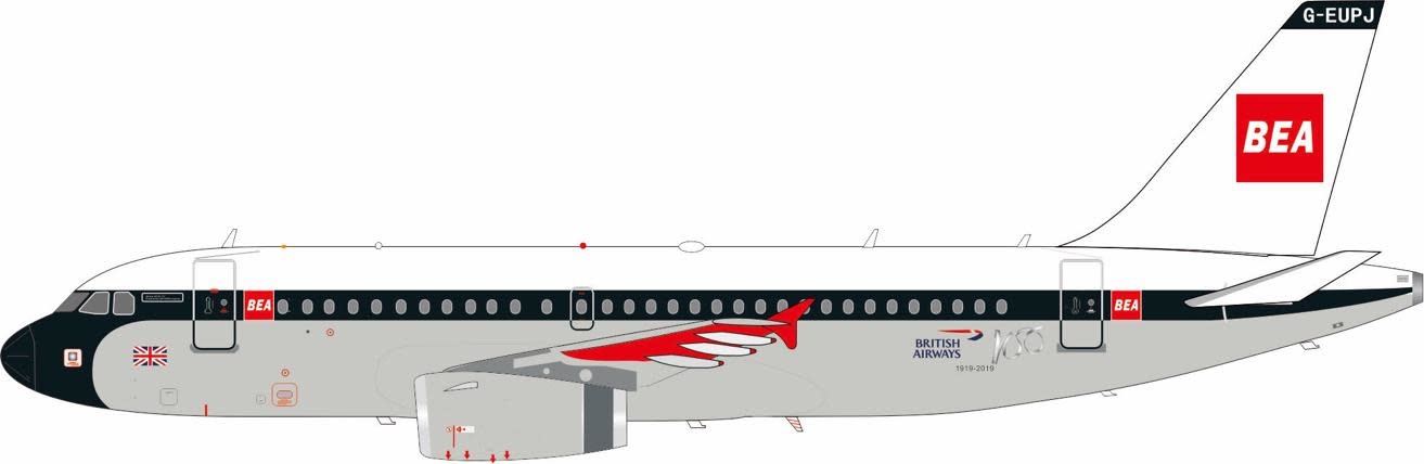 A319 British Airways 100 Yrs BEA Retro G-EUPJ 1:200 with coin - avworld.ca