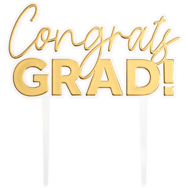 "Congrats Grad" Gold Cake Topper Pick - Sweet Baking Supply