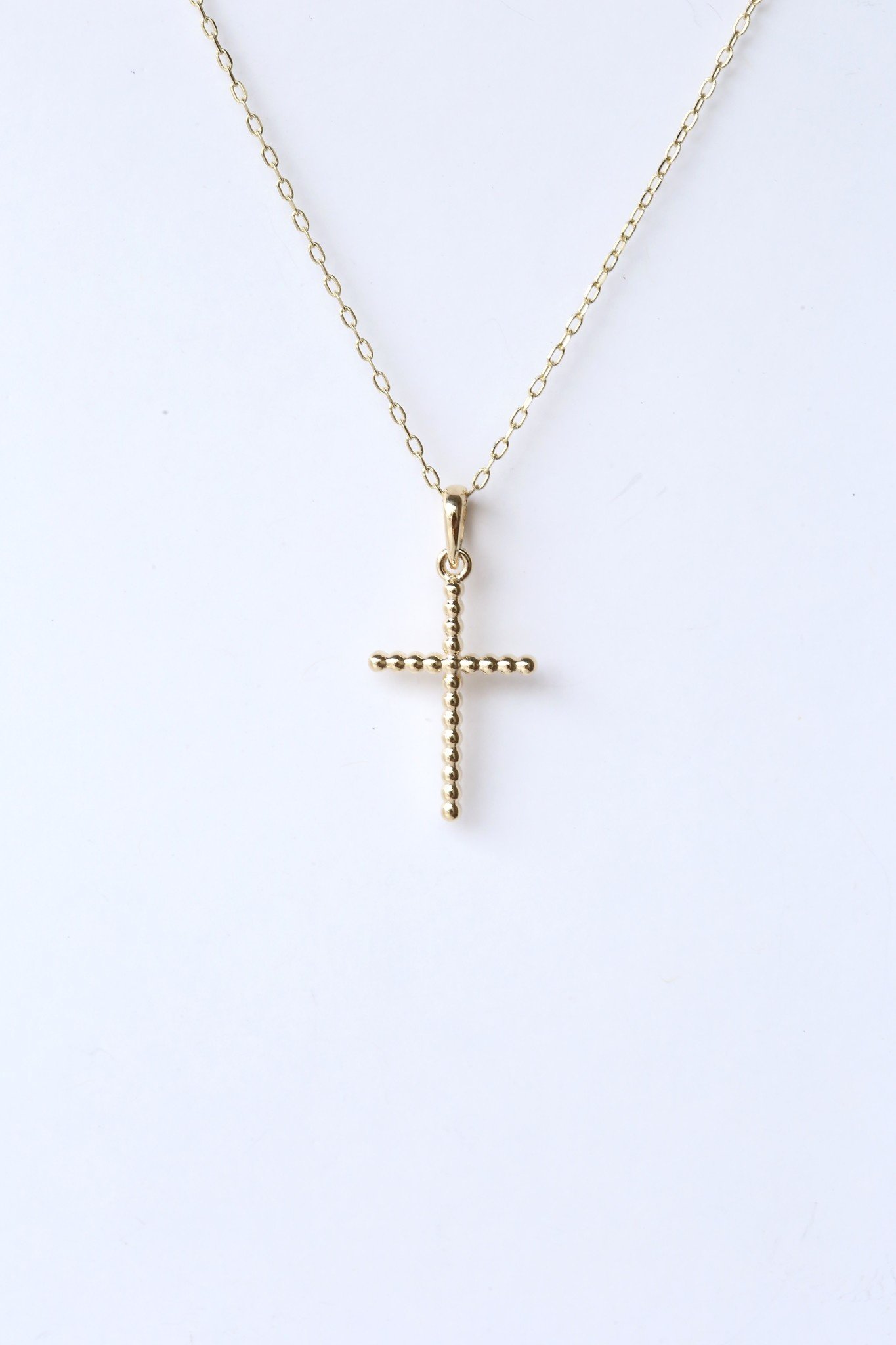 14k Yellow Gold Beaded Cross Necklace - American Jewelry