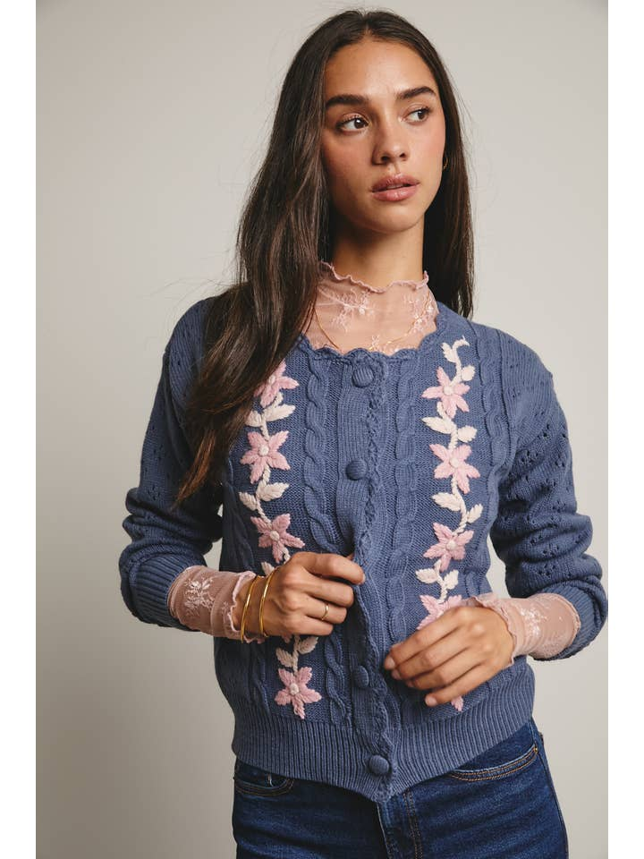 Floral Embroidered Knit Cardigan – Blue/Pink | Forte - J Marcel