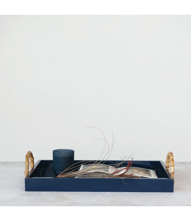 MDF Lacquered Tray w/ Bamboo Handles & Metal - Amber Marie and Company