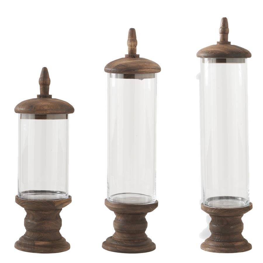 Glass Cylinder Containers With Brown Wood Base Pedestal & Top - Amber ...