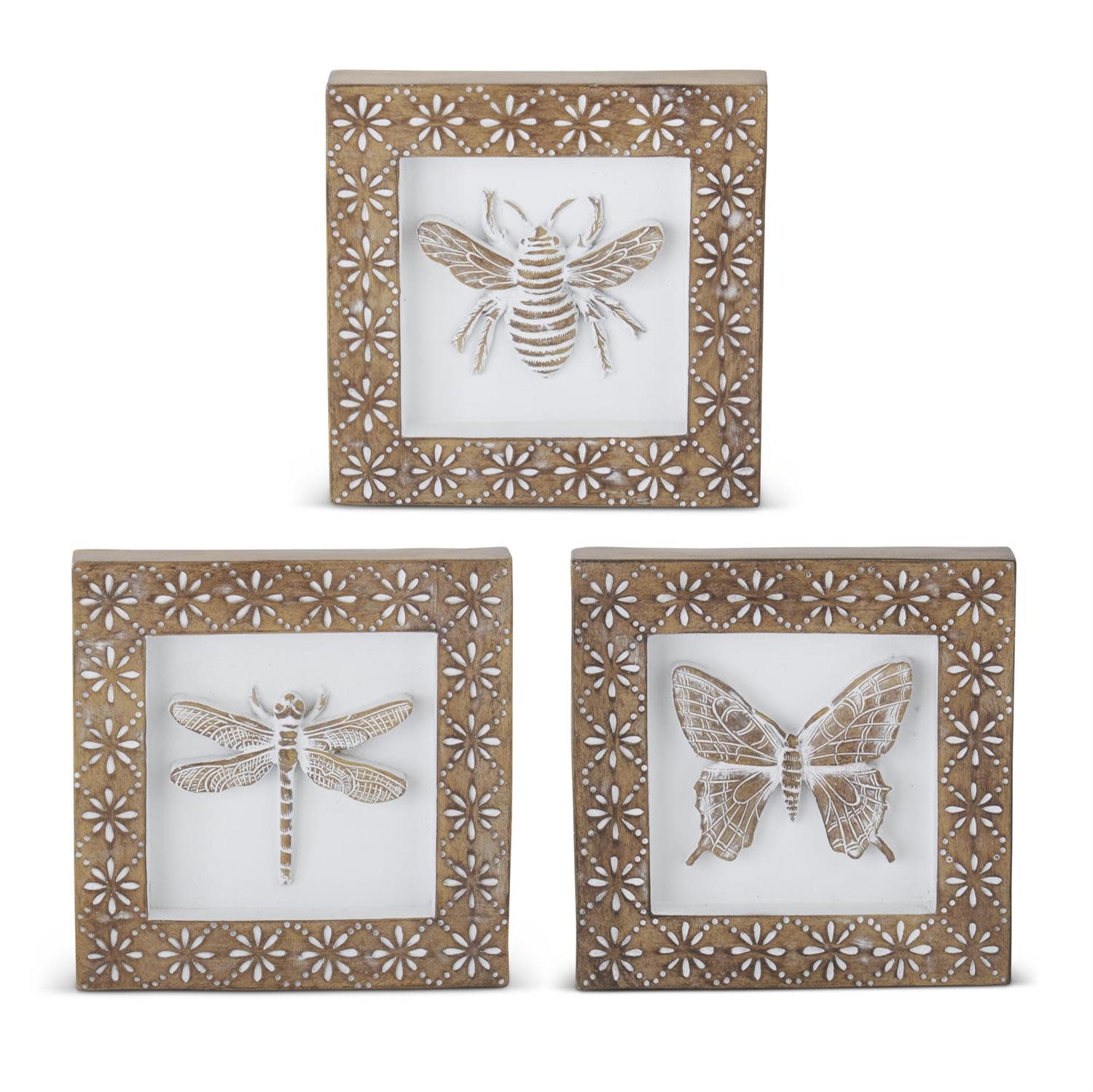 6 Inch Whitewashed Carved Resin Insect Shadow Box - Amber Marie and Company