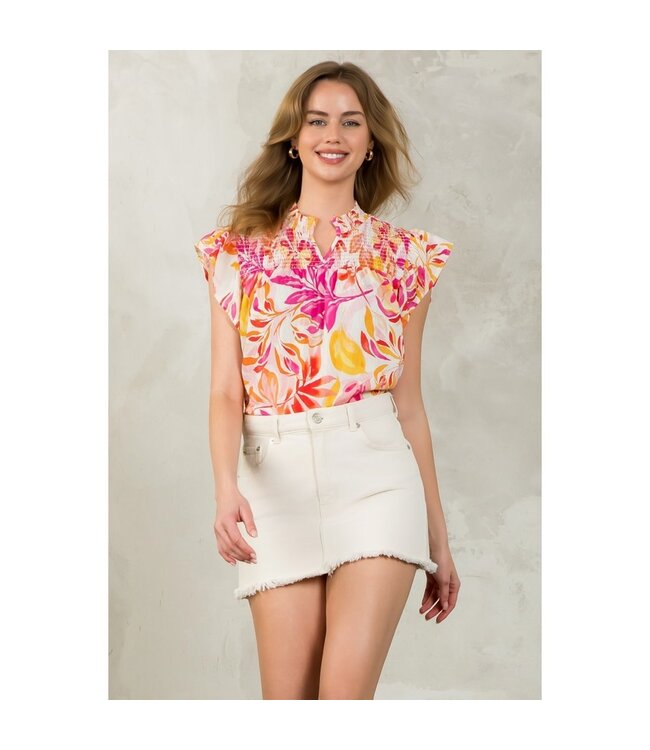 Chloe Smocked Flutter Sleeve Floral Top - Amber Marie and Company