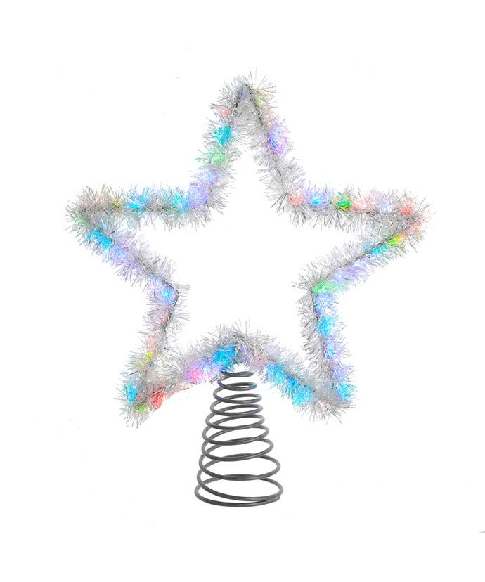 12.2" 55-Light RGB LED Silver Tinsel Star Treetop - Amber Marie and Company