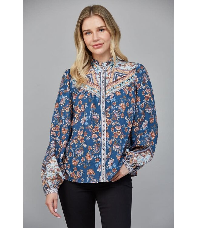 Stella Border Print Ruffled High Neckline Button Down Blouse - Amber ...