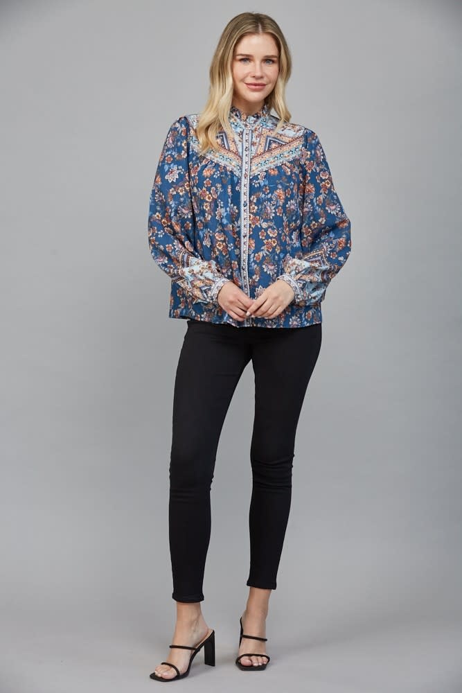 Stella Border Print Ruffled High Neckline Button Down Blouse - Amber ...