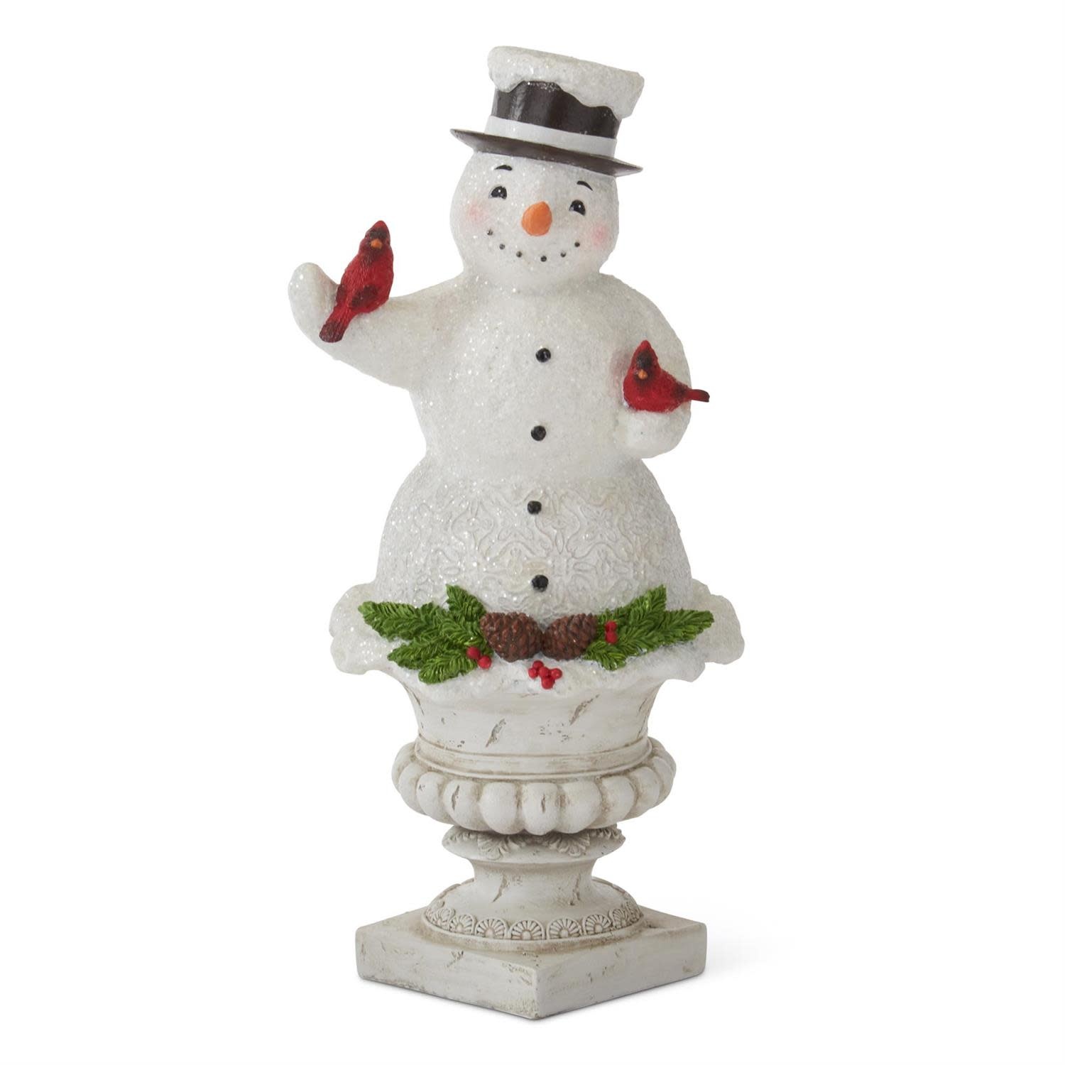 14.5 inch Glittered Snowman w/Birds on Pedestal - Amber Marie and Company
