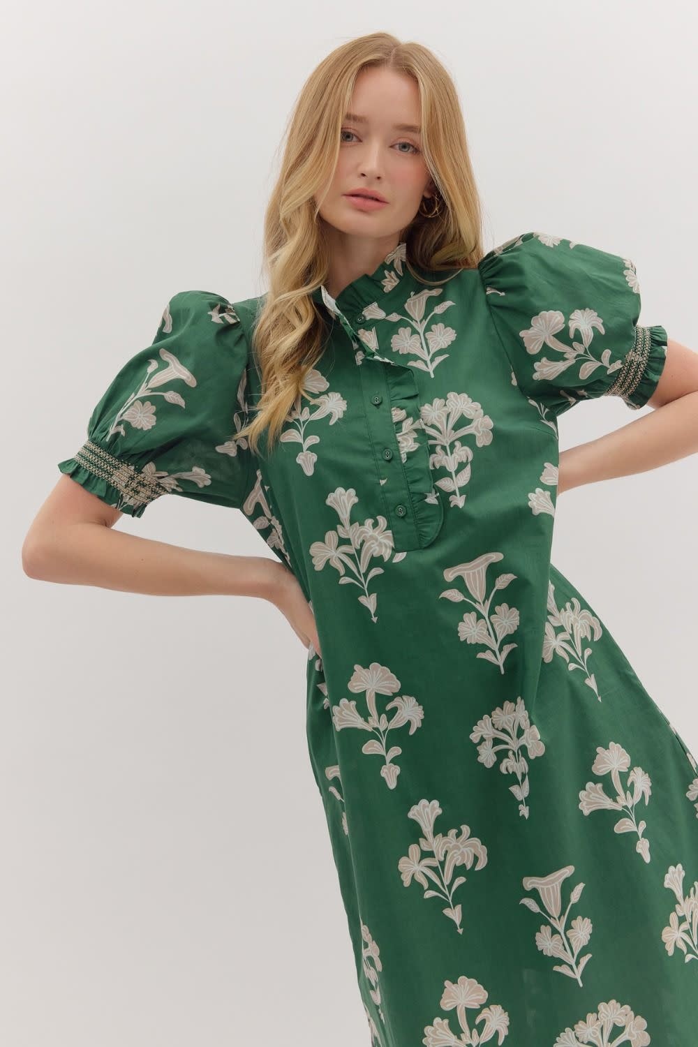 Luna Botanical Print Short Puff Sleeve Midi Dress - Amber Marie and Company