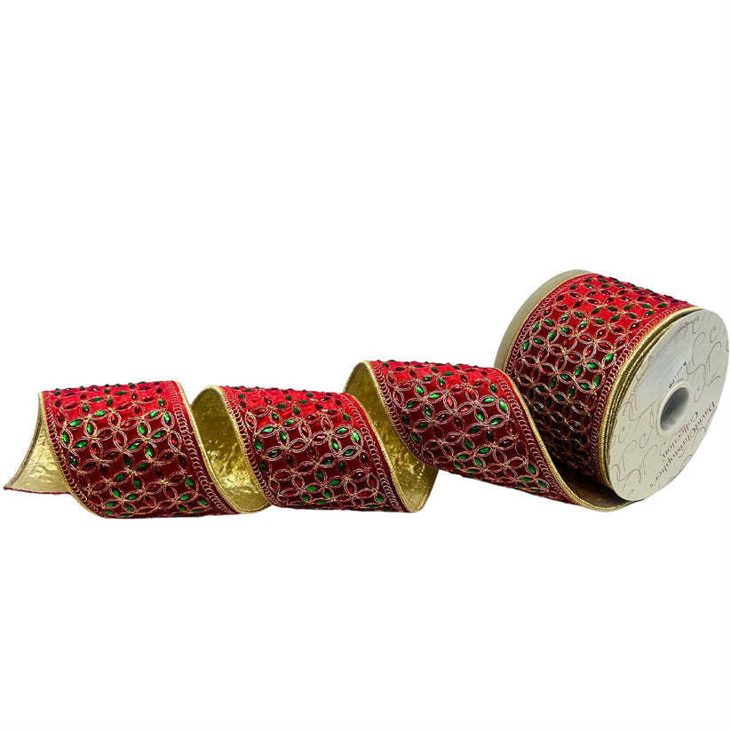 4" x 10yd Heavy Jewel Embroidery Red/Green/Gold Ribbon - Red - Amber ...