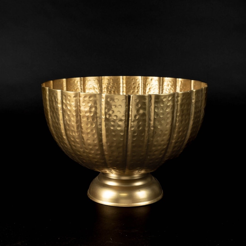 14" Gold Hammered Grooved Pedestal Bowl - Amber Marie and Company