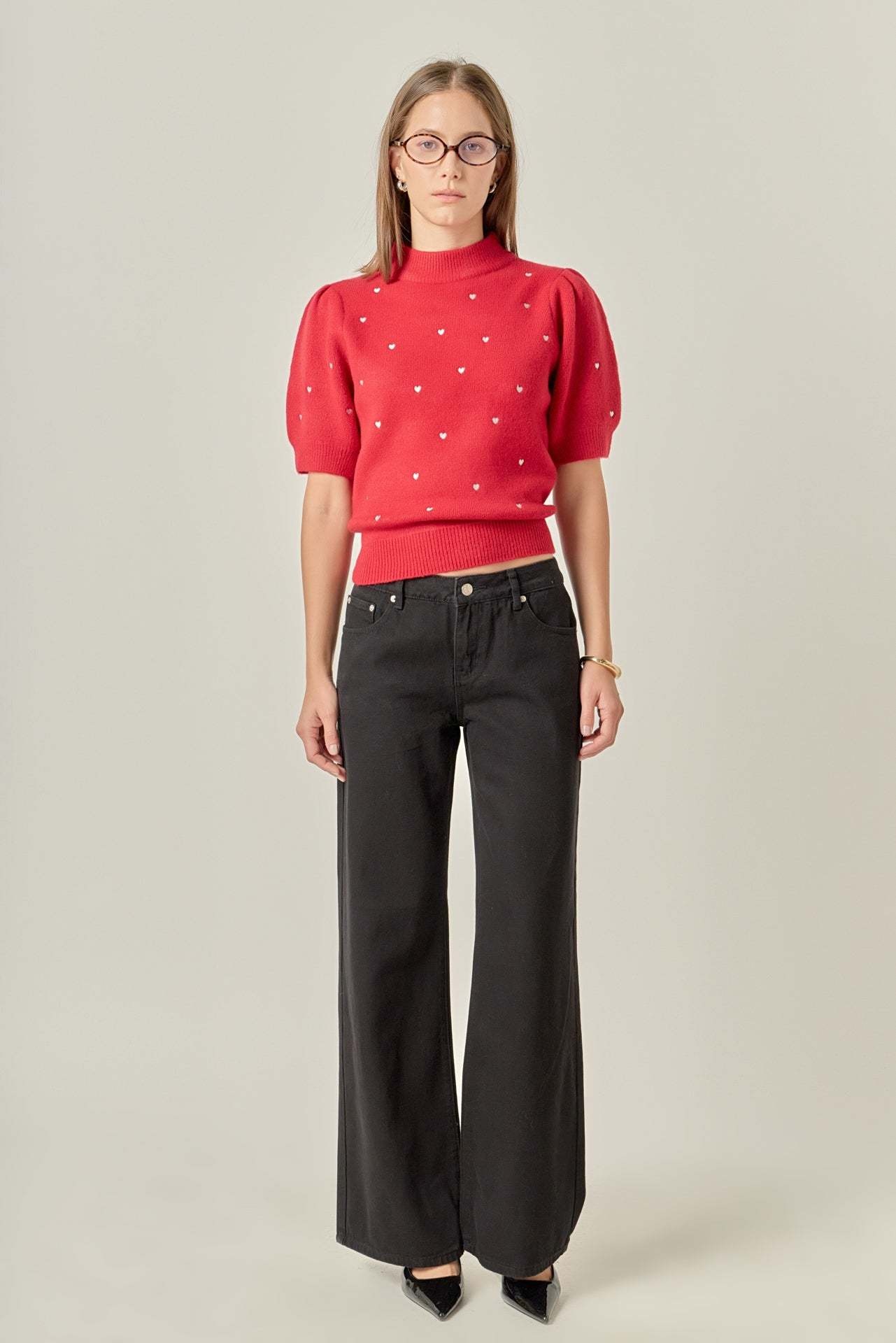 Madison Heart-embroidered Puff Sleeve Knit - Amber Marie and Company