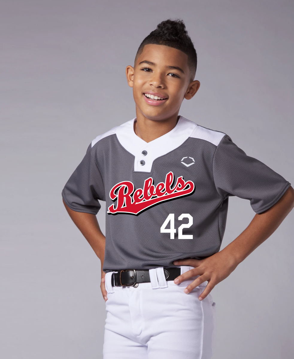 Rebels Baseball Evo Shield 2 Button Jersey - Graphite/White - Bagger Sports