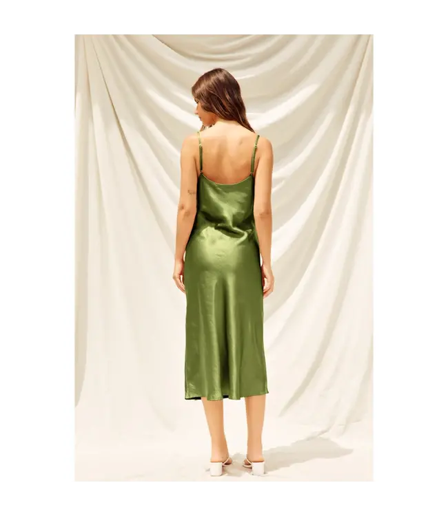Satin Bias Cut Slit Dress Peridot - Simply Elegant Boutique