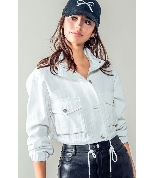 Utility Cropped Drawstring Denim Jacket White - Simply Elegant Boutique