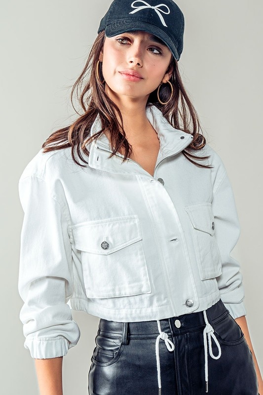 Utility Cropped Drawstring Denim Jacket White - Simply Elegant Boutique