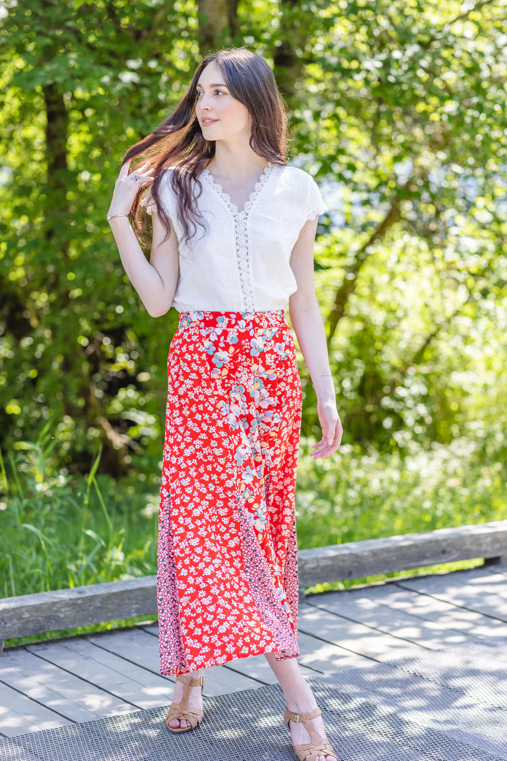 Red and white maxi skirt store