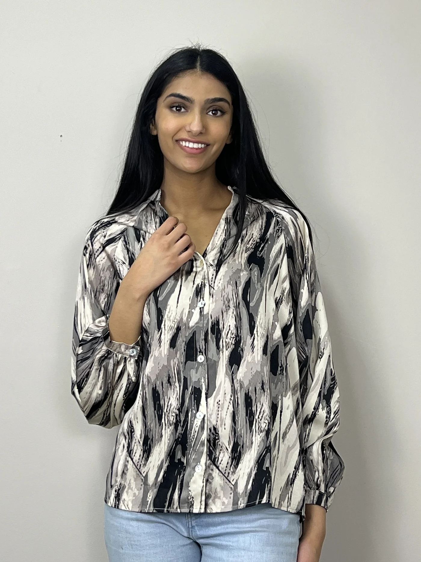 Linely Abstract Satin Blouse - White Bull Clothing Co
