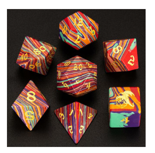 Fox Crest Synthetic Rainbow 7pc Stone Dice Set - Le Griffon
