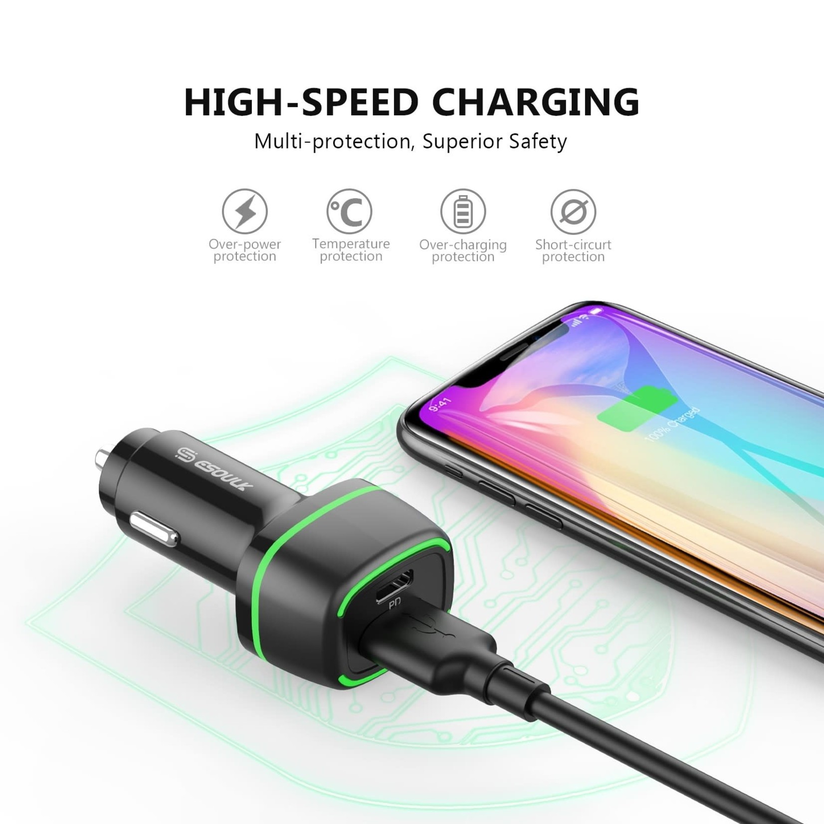 ESOULK | 36W USB-C and USB Port Car Charger Retail Packaging Black - G ...