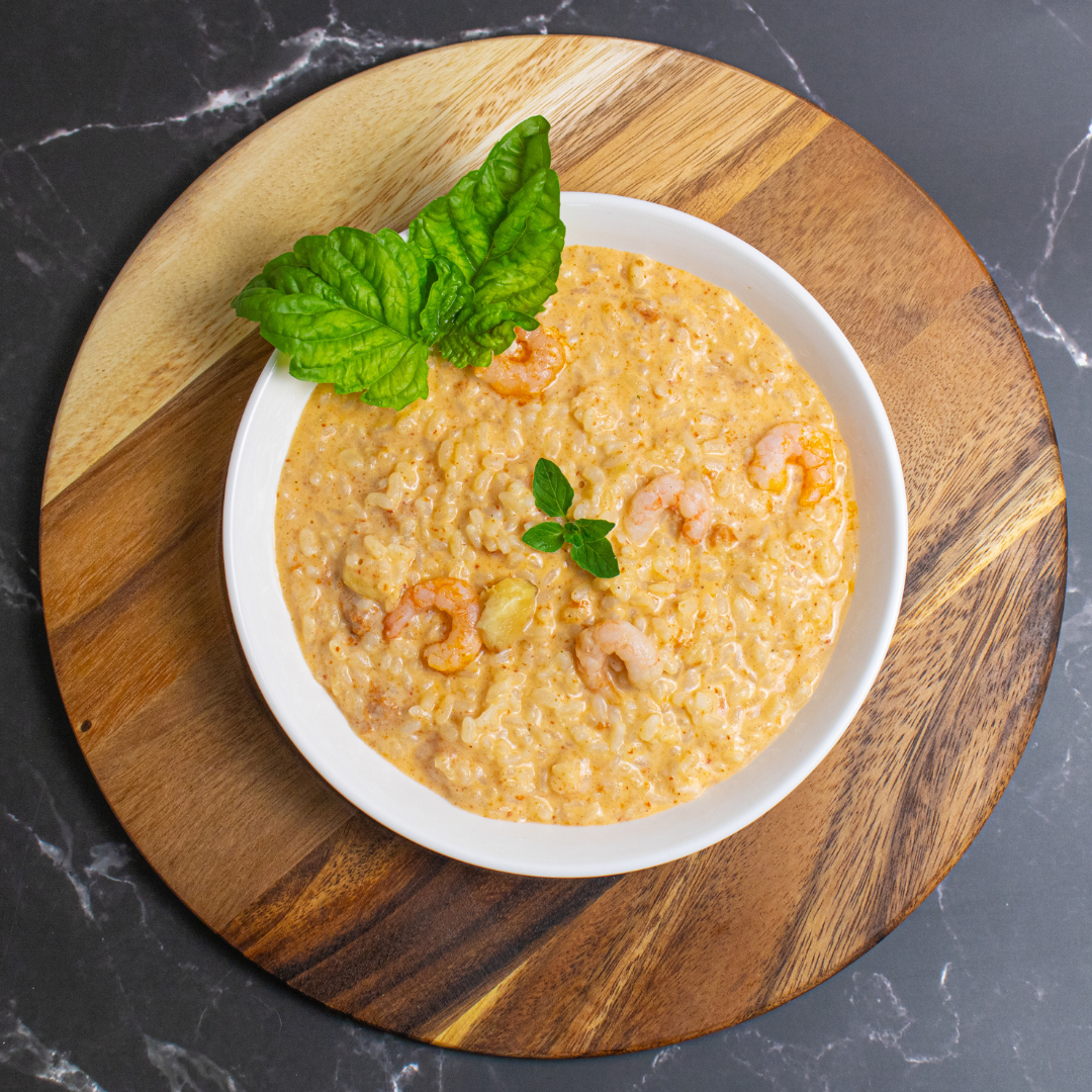 Dried tomato pesto, lobster bisque, shrimp & candied garlic risotto ...