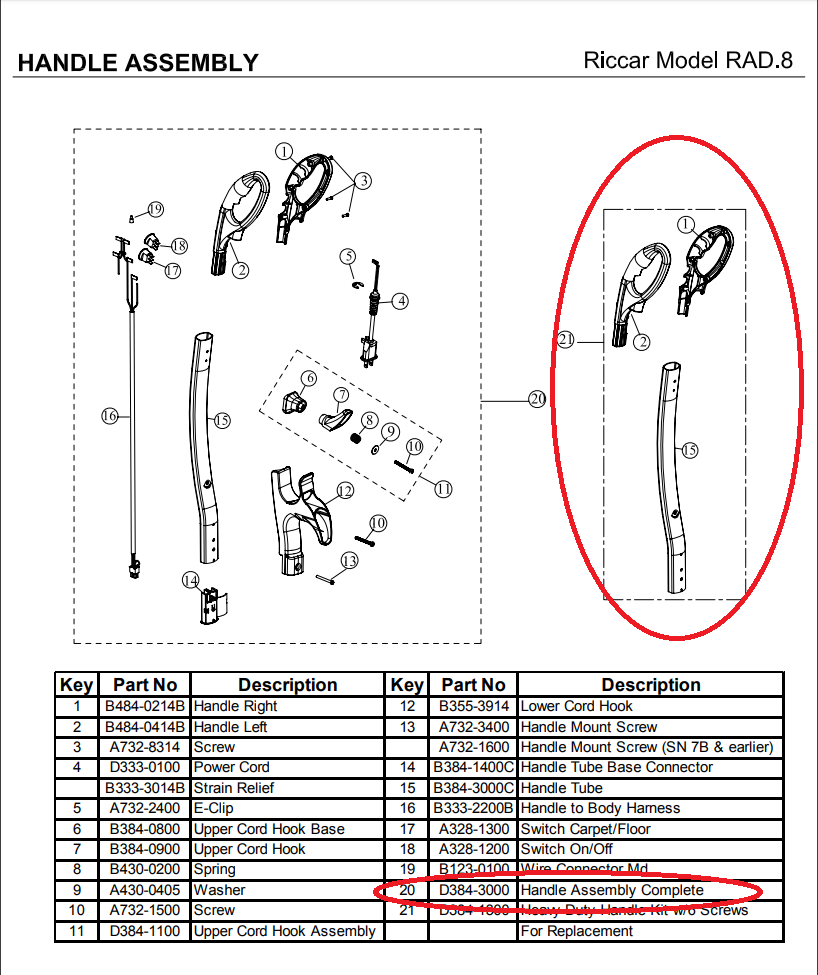 Riccar RAD.8 Handle and Tube Only - Swiss Boy Vacuum