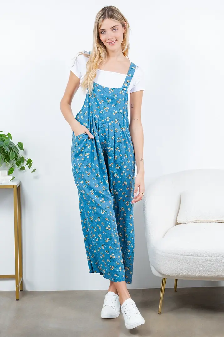 Luci - Floral Overalls in Blue - Cameron Rose