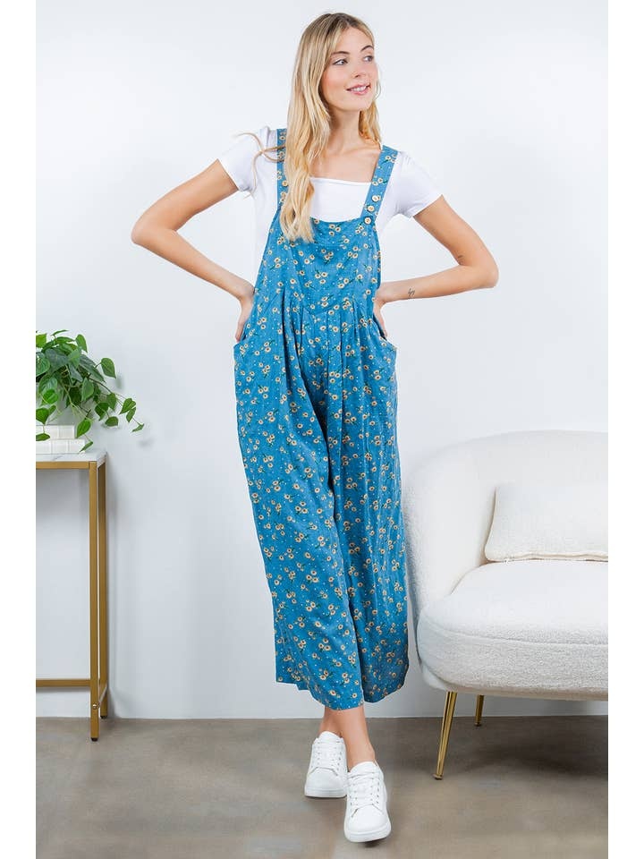 Luci - Floral Overalls in Blue - Cameron Rose