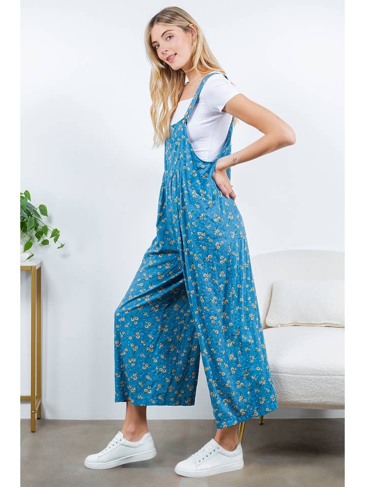 Luci - Floral Overalls in Blue - Cameron Rose