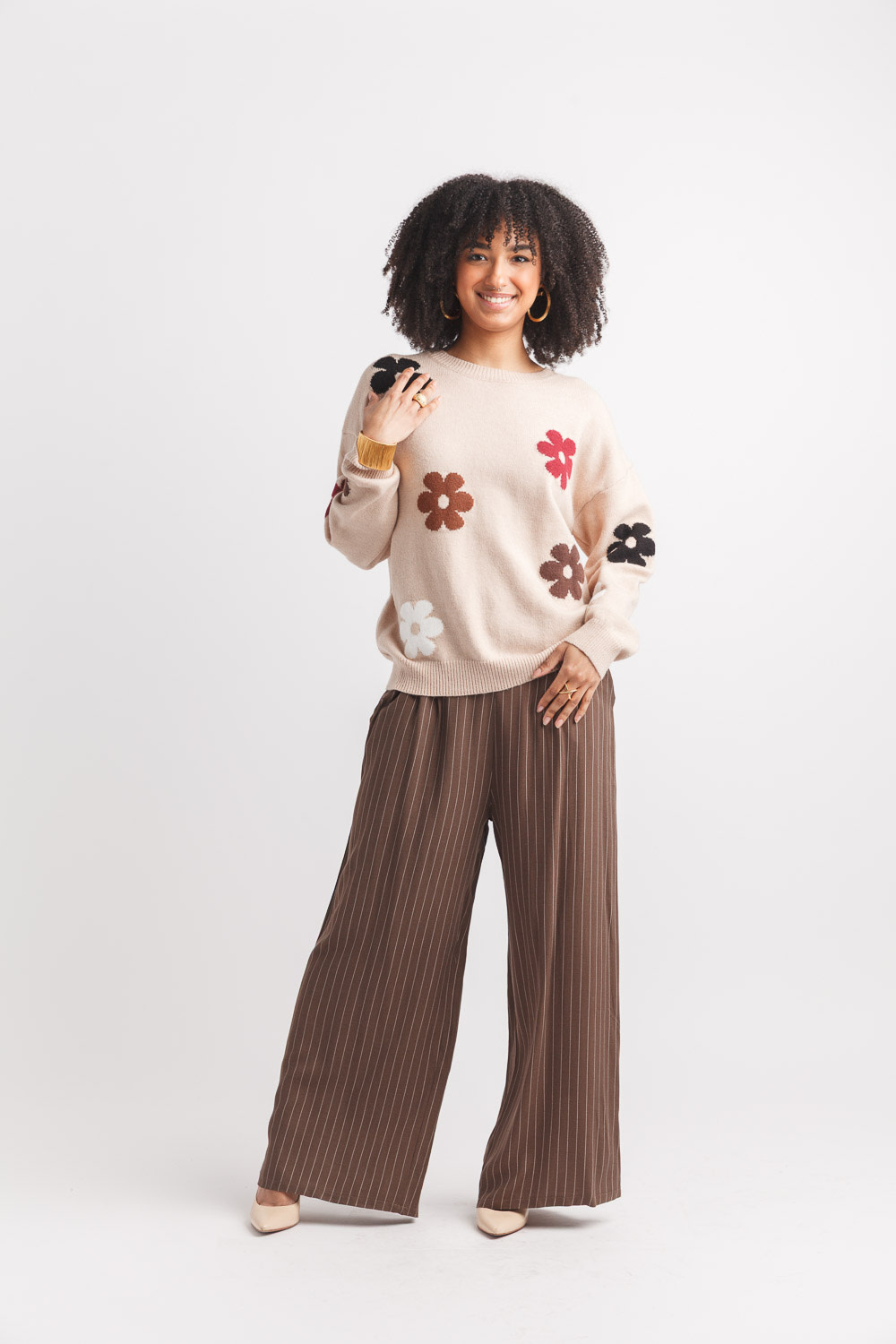 Daisy Knit Sweater With Rib Trim - Cameron Rose