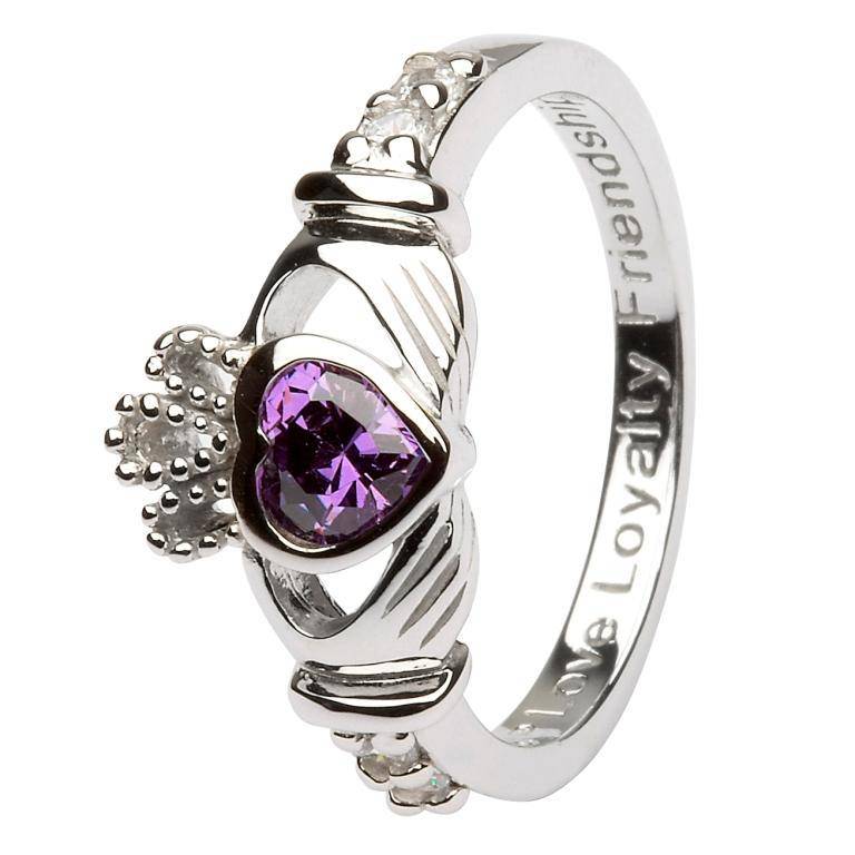 Ring: SS Claddagh Feb Amethyst Birthstone - Celtic Heritage