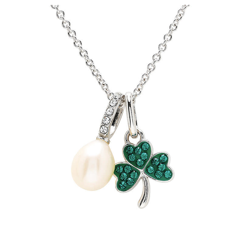 Shanore Necklace: SS Pearl/Crystal Shamrock - Celtic Heritage