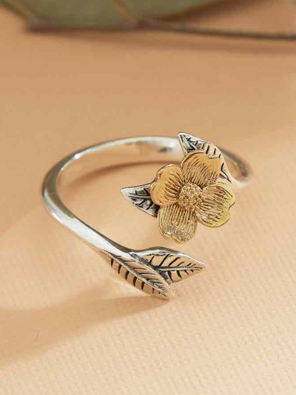 Mixed Metal Adjustable Dogwood Flower & Leaves Ring - Home