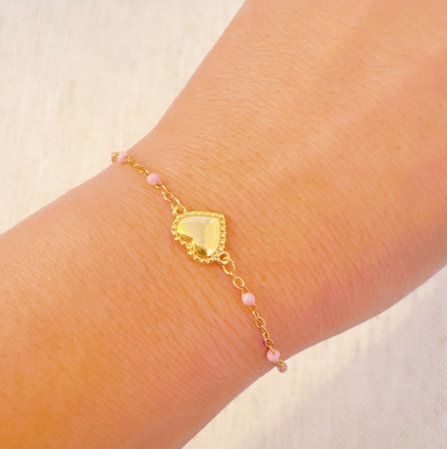 Dainty Bead Chain Heart Bracelet - Pink - Home