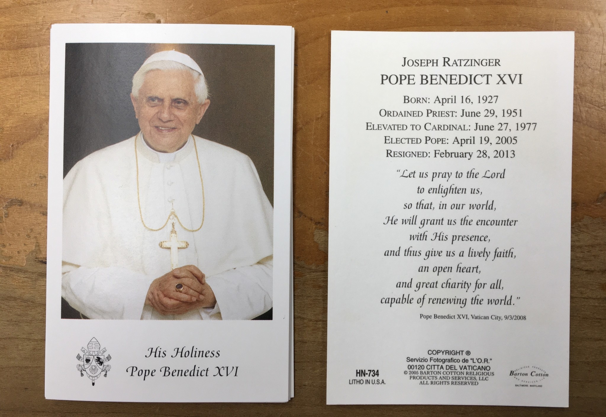 Barton Cotton Holy Card - Pope Benedict XVI - Queen of Angels Catholic ...