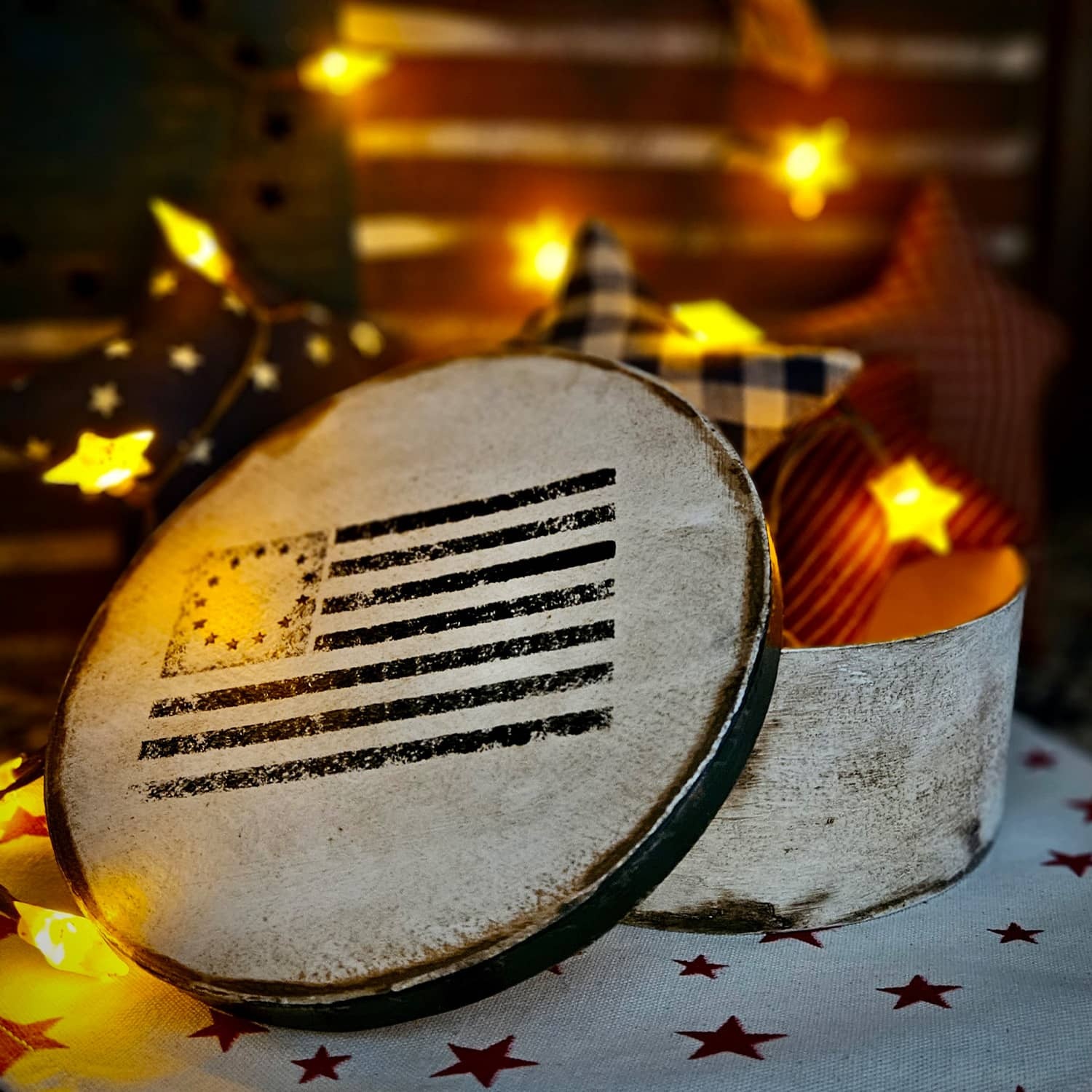 Americana Flag Round Box Hand Painted | Nana's Farmhouse - Nana's Farmhouse