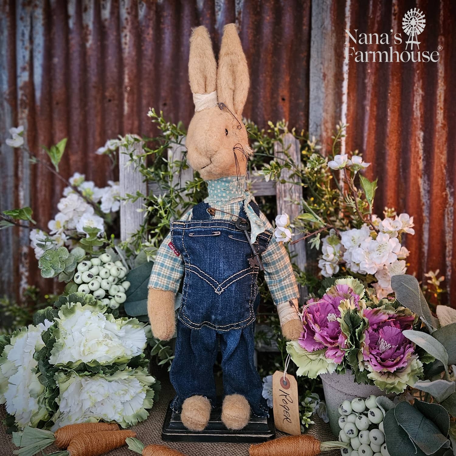 Primitive Boy Rabbit Doll in Overalls | Nana's Farmhouse - Nana's Farmhouse