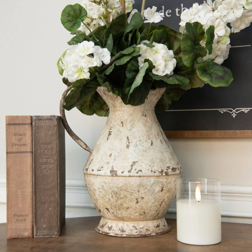 Distressed Cream Metal Pitcher | Nana's Farmhouse - Nana's Farmhouse