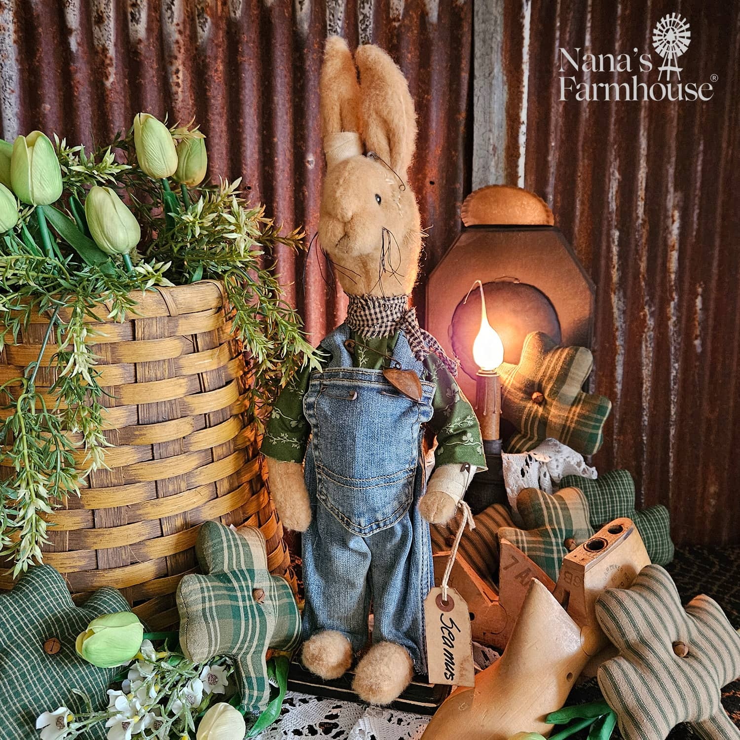 Rags A Muffin Rabbit Doll in Overalls | Nana's Farmhouse - Nana's Farmhouse