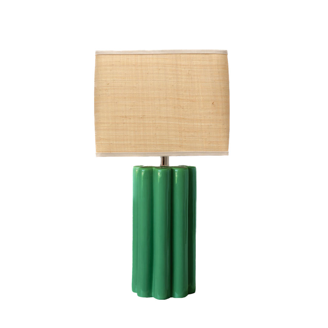 Green Ribbed Lamp with Raffia Square Shade - Found