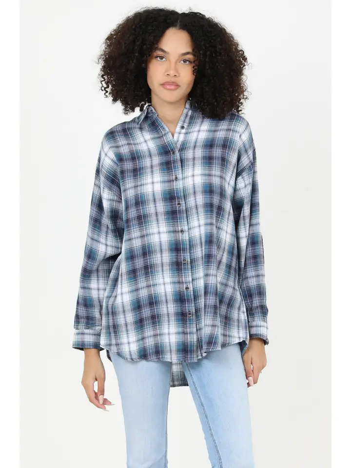 Angie Elbow Patch Plaid Top (C2162) - Creations Boutique
