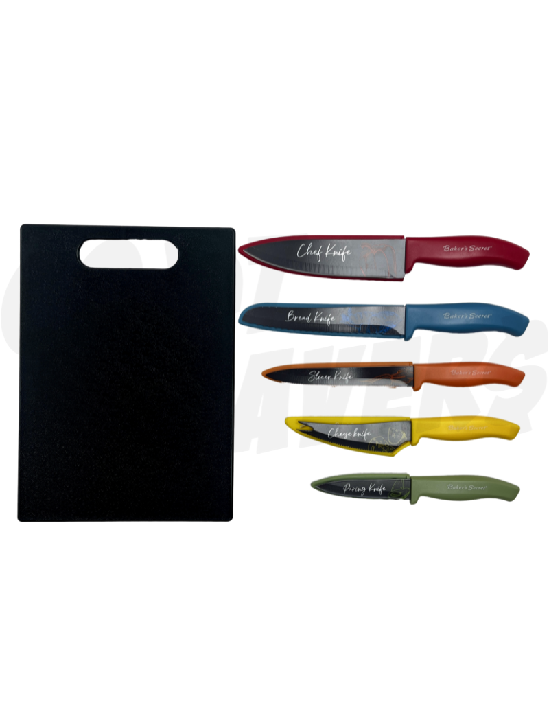 Baker's Secret 11pc Coloured Knife Set w/ Cutting Board - Cost Savers