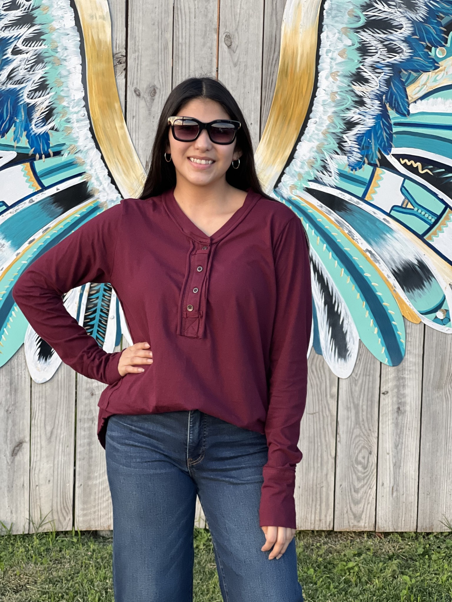 Burgundy BUTTON CLOSURE LONG SLEEVE TOP - Rhinestone Angel