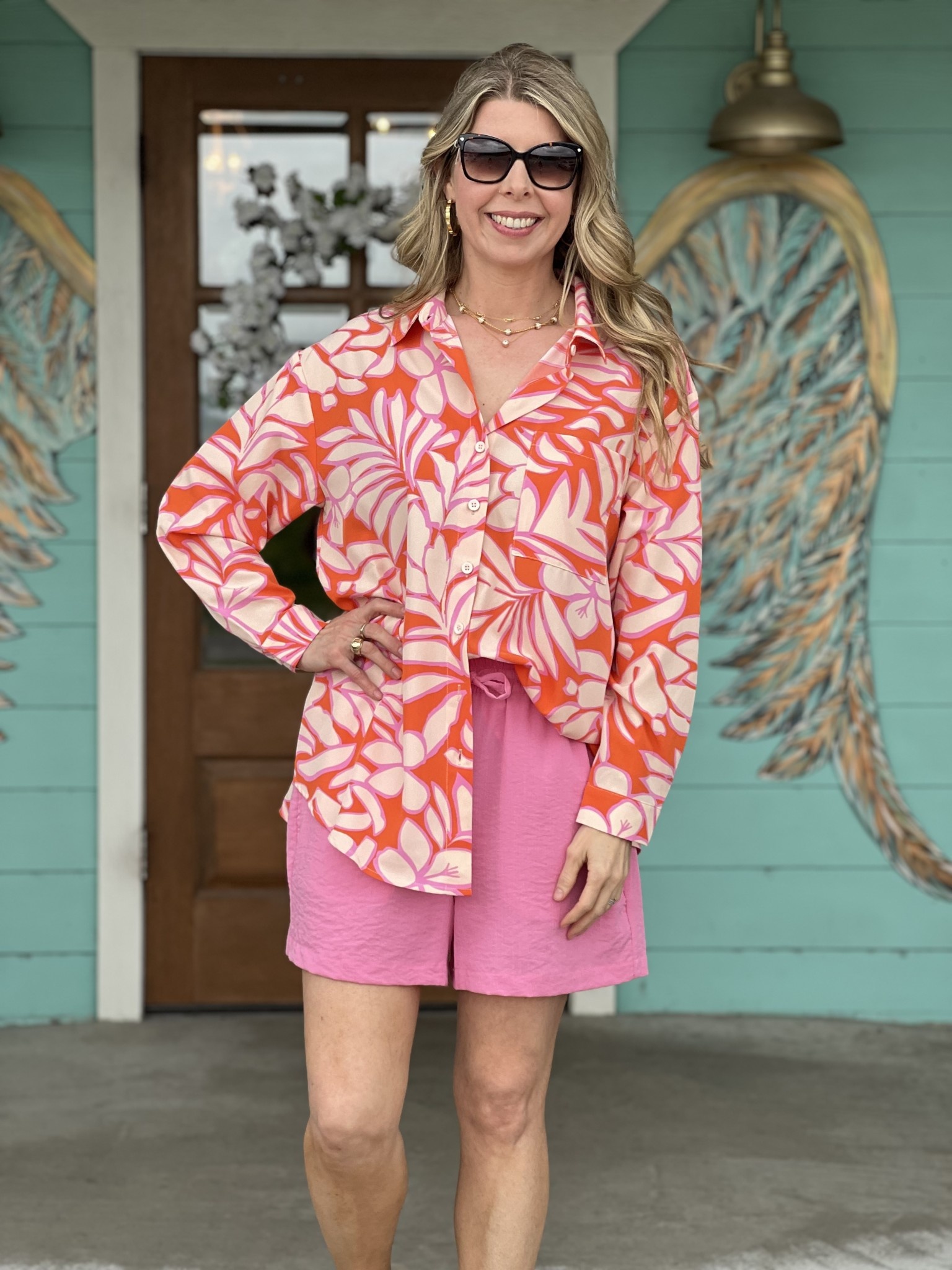 Pink Orange Tropical Print Button Up - Rhinestone Angel