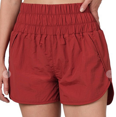 Copper Red Smocked Waistband Shorts - Rhinestone Angel