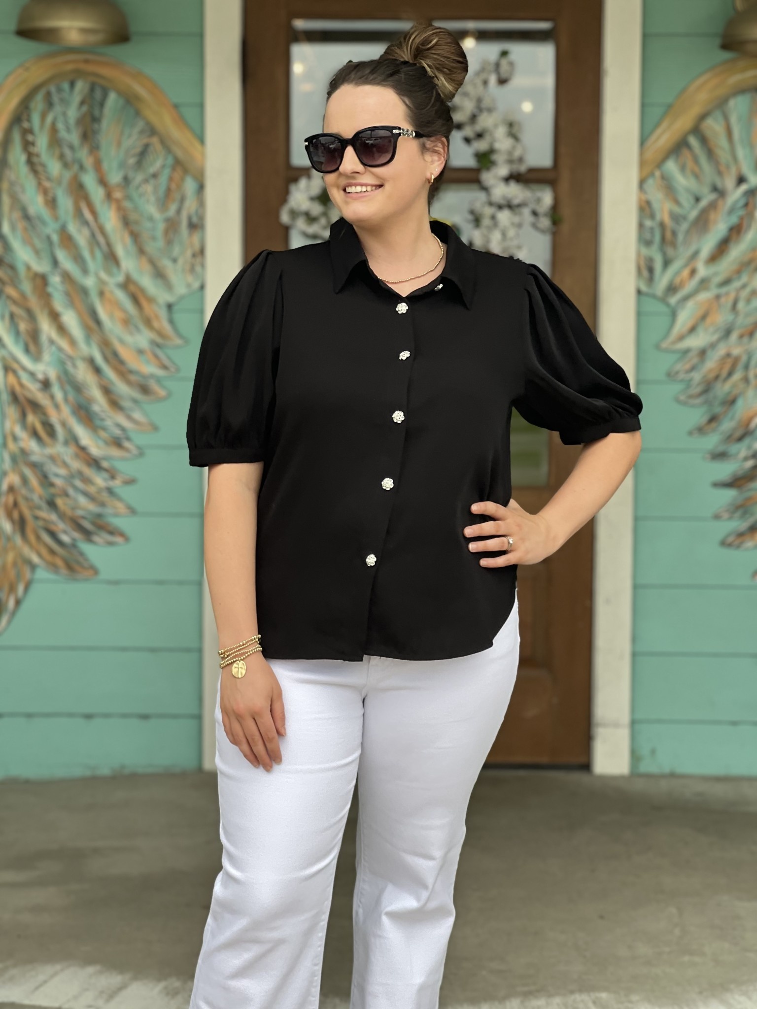Jewel Button Black Puff Sleeve Top - Rhinestone Angel