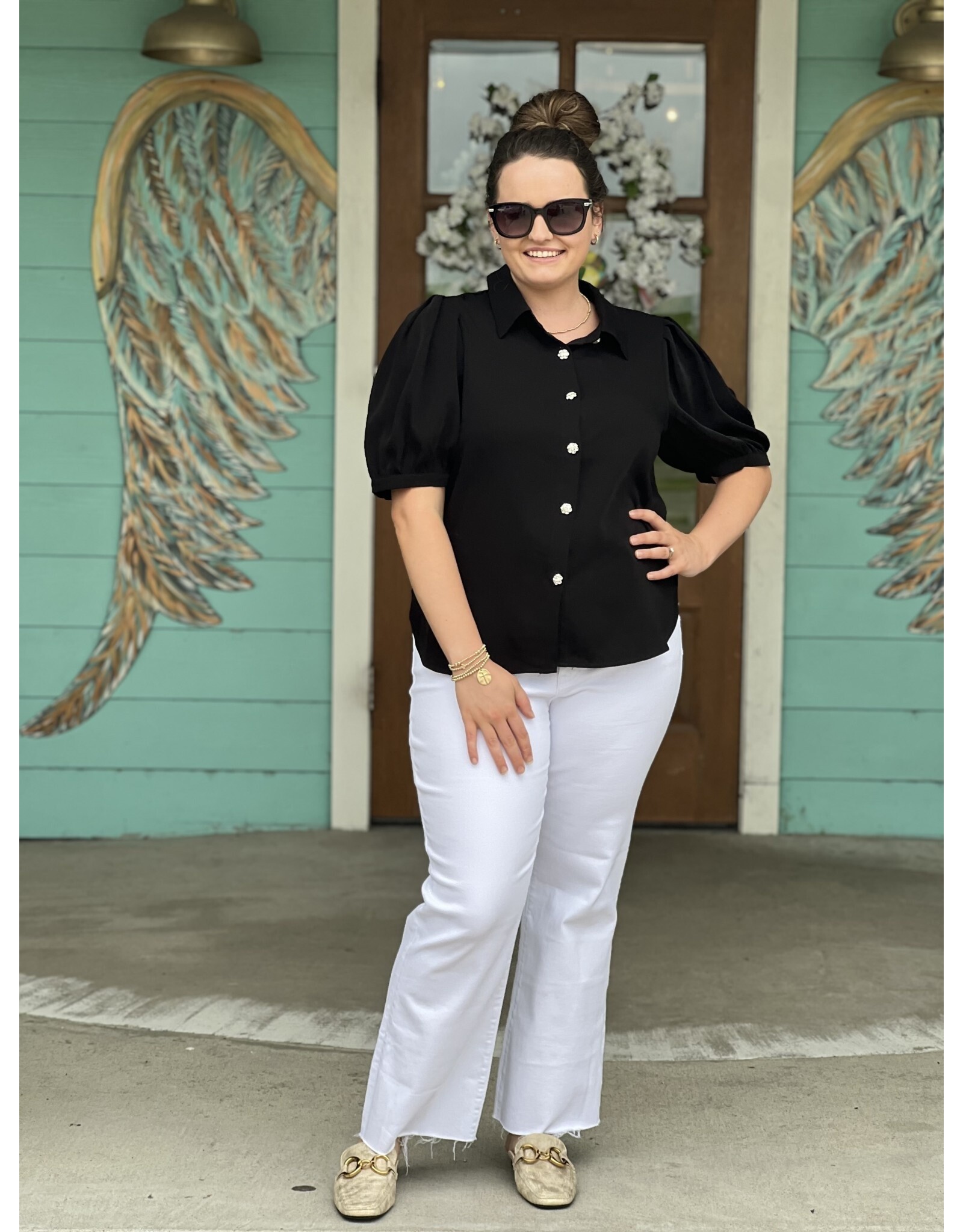 Jewel Button Black Puff Sleeve Top - Rhinestone Angel