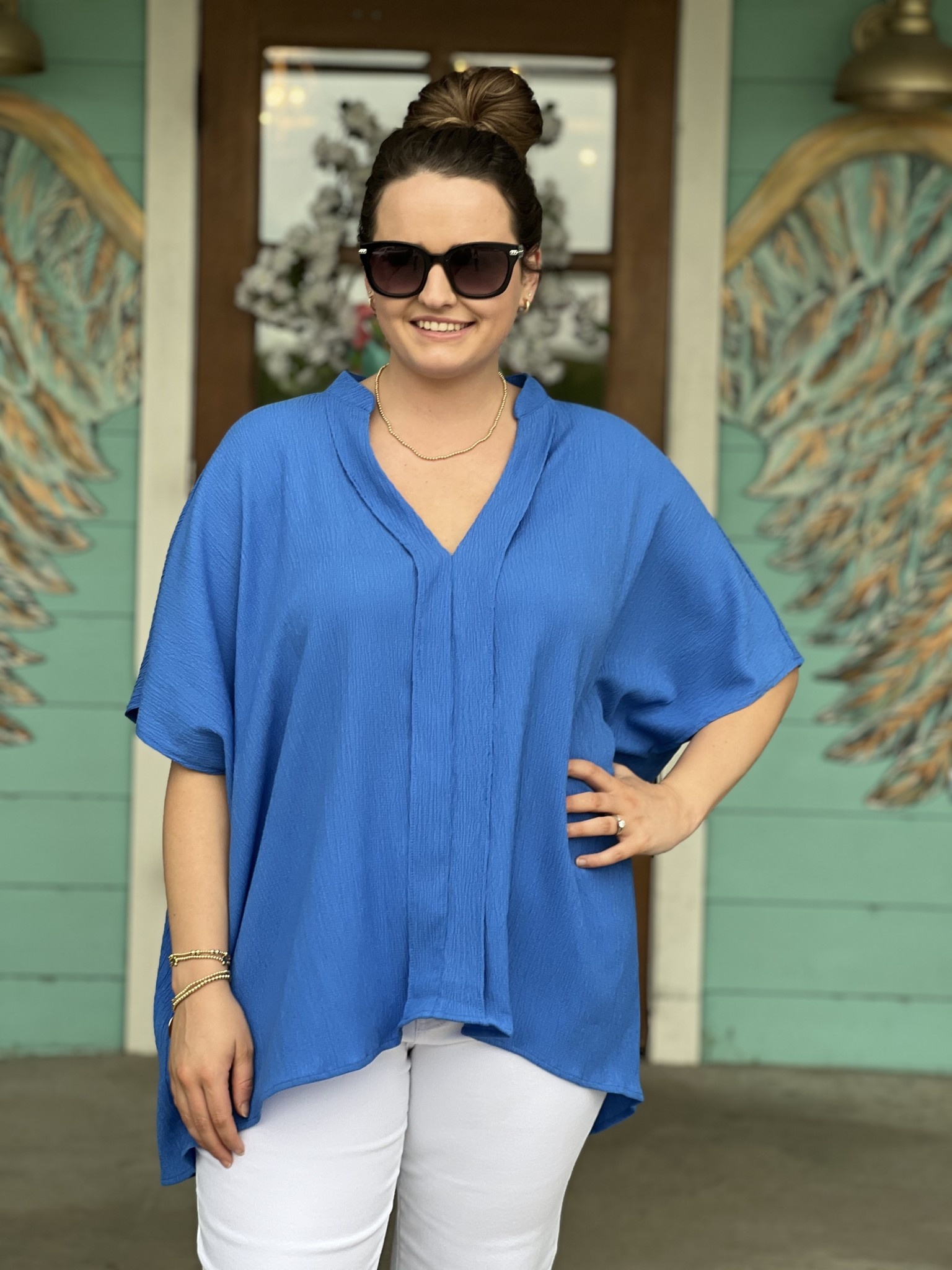 Electric Blue V-Neck Oversized Tunic - Rhinestone Angel